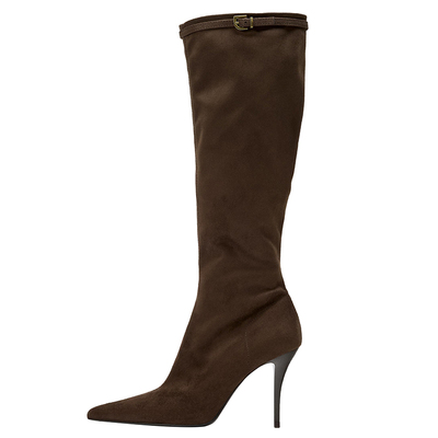 ZA新款棕色高筒不过膝尖头高跟靴