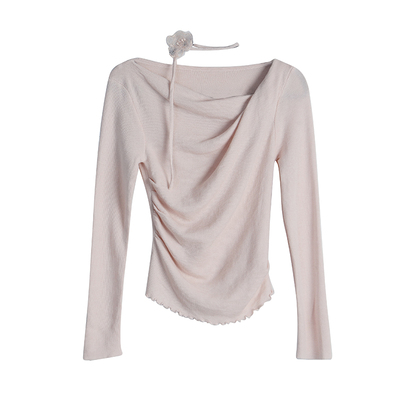 法式荡领修身显瘦木耳边针织衫