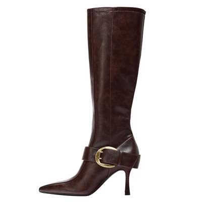 ZA尖头长筒靴女金属扣棕色高跟靴