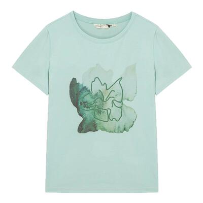 布景短袖T恤女夏季新品简约圆领渐变印花设计感直筒刺绣上衣0553
