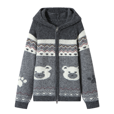 ANDREA MARTIN秋冬新款费尔岛小熊提花针织连帽开衫保暖毛衣