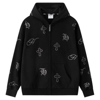 HOODRICH十字架哥特字母烫钻开衫连帽卫衣潮流新款宽松情侣外套