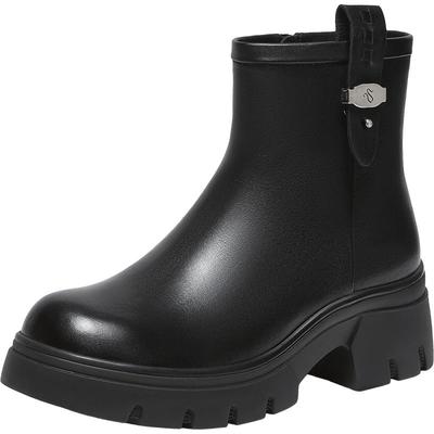 百思图2025冬季新款通勤粗跟牛皮靴厚底高跟马丁靴女短靴H6829DD5