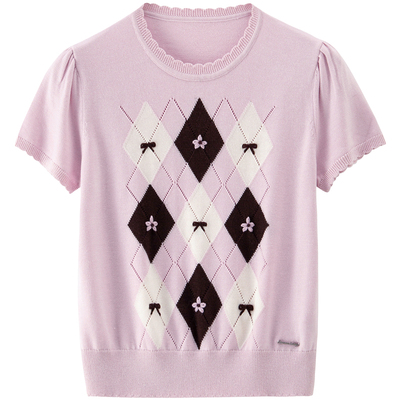 【桑蚕丝】BANANA BABY2026年春季新款菱格纹蝴蝶结针织衫女短袖