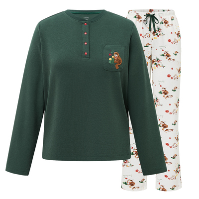 cutelife竹棉针织亲子家居服儿童男女士秋冬睡衣打底套装保暖舒适