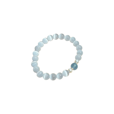 原创天然海蓝宝粉紫水晶珍珠手串好运猫眼石小众设计定制手链女生