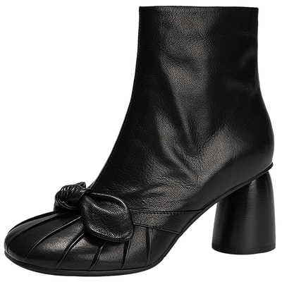 MIO米奥2025冬季新款时装靴圆头高跟短筒靴粗跟黑色增高真皮靴子