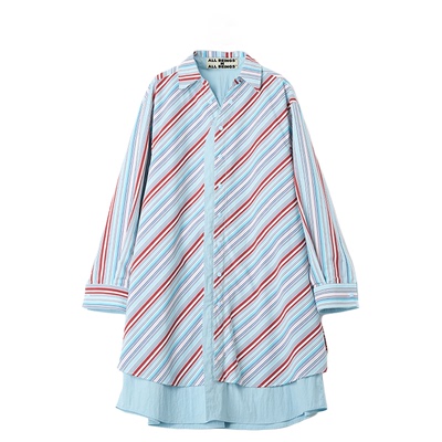 【蒋依依同款】ALL BEINGS蓝色彩条大廓形条纹叠拼衬衫显瘦连衣裙
