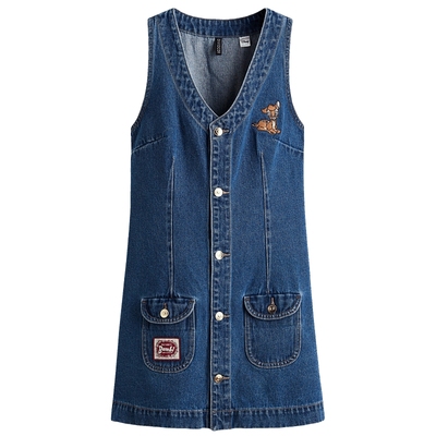 HM女装连衣裙冬季低领口V领喇叭形无袖牛仔连身裙1301383