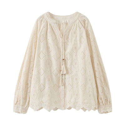 西町村屋文艺感衬衣女装2026春季新款镂空绣花长袖衬衫XHBA10169