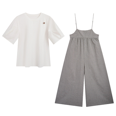 紫涵日系圆领打底短袖T恤吊带连体阔腿裙裤两件套装女士夏季新款