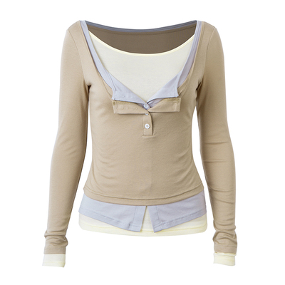 PynkiSwear 浅米咖假三件圆领叠穿长袖T恤莱赛尔天丝修身针织上衣