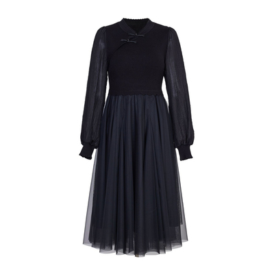 婉甸黑色毛织拼接连衣裙新中式