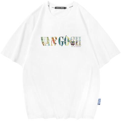 海澜之家旗下黑鲸字母印花短袖T恤男夏季梵高联名圆领