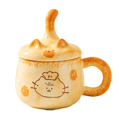 手工陶瓷猫头带盖马克杯