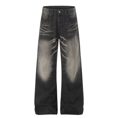 水洗竹节纹溶解猫须黑灰牛仔裤