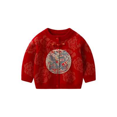 婴儿毛衣套装宝宝红色新年拜年服
