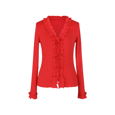 V领立体花边针织开衫秋款