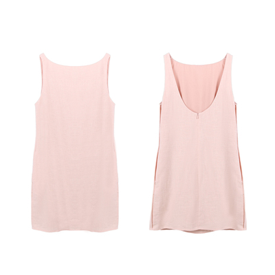 粉色亚麻露背背心连衣裙