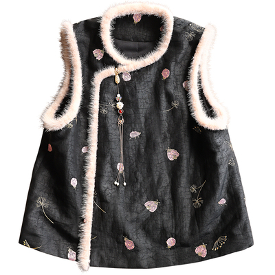 云澍龟纹香云纱水貂毛马甲新中式