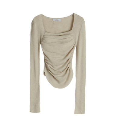 ron套头方领褶皱设计针织衫修身