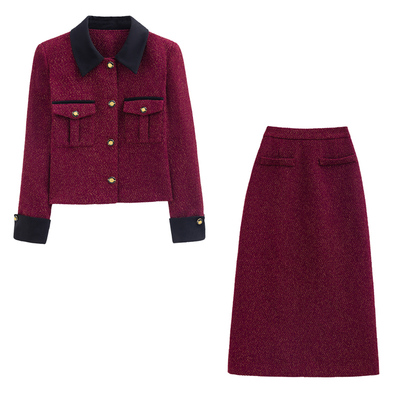 外套半身裙两件套酒红色