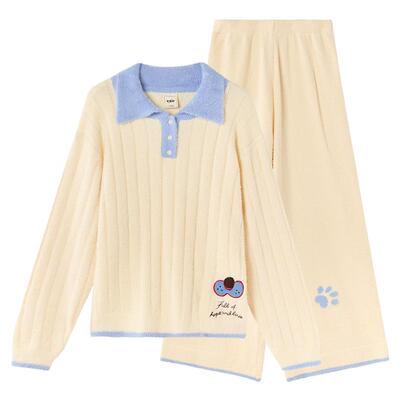 yso【酷猫系列】情侣睡衣女秋冬季新款半边绒翻领保暖家居服套装D