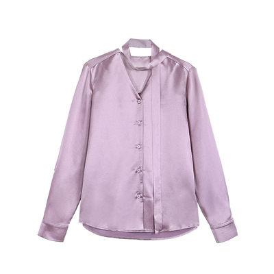 醋酸衬衫挂脖飘带长袖衬衣上衣