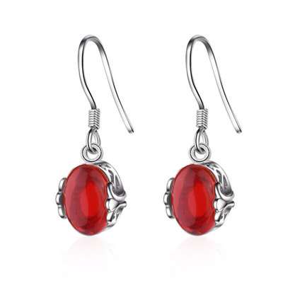 玉髓红色宝石玛瑙纯银复古耳坠女