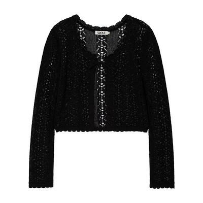 GROVE官方旗舰店女士夏季款荷叶边镂空系带针织长袖短开衫