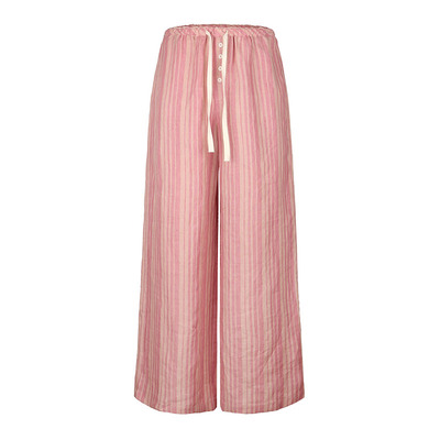 SEEKSIMPLE 100亚麻 | 腰头拼接蕾丝 | 条纹宽松抽绳休闲裤