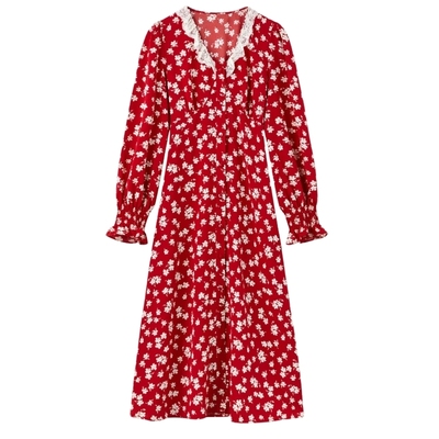 优雅百搭X型印花V领印花连衣裙