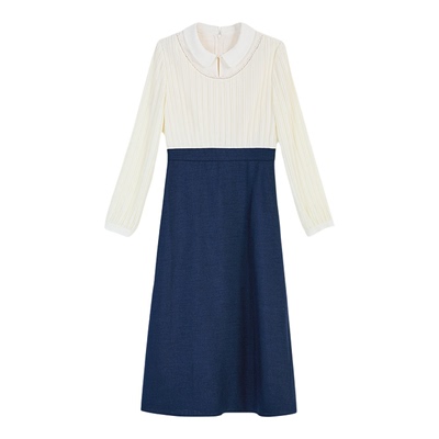 YINER音儿专选2026春季新款优雅彼得潘领撞色拼接假两件连衣裙