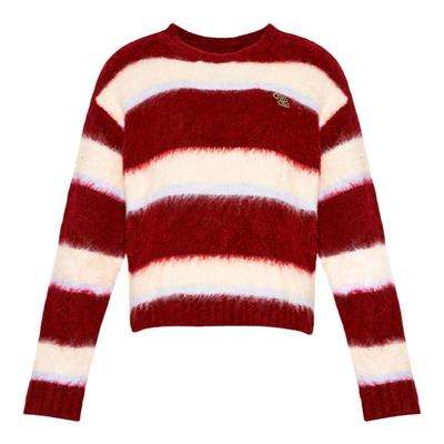 撞色条纹拉毛感宽松套头羊毛毛衣