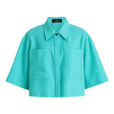 【海岛蓝】AUM噢姆夏季棉感彩点小菱形格贴袋短款休闲短袖上衣女