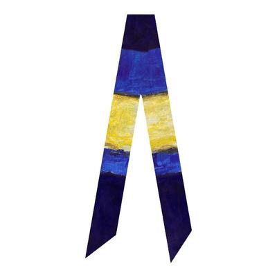 抽象派窄丝巾油画飘带仿真丝蓝色