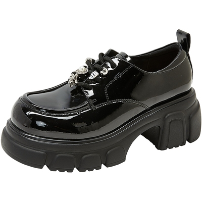 康莉厚底深口小皮鞋女26年春秋新款时尚系带圆头增高休闲漆皮单鞋