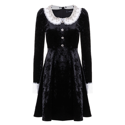 【奥莱】MAXRIENY赫本华丽复古风重工钉珠连衣裙丝绒裙