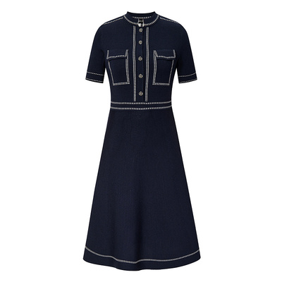 BCBG夏季时髦精致范流行简约线迹提花收腰中长款短袖针织连衣裙女