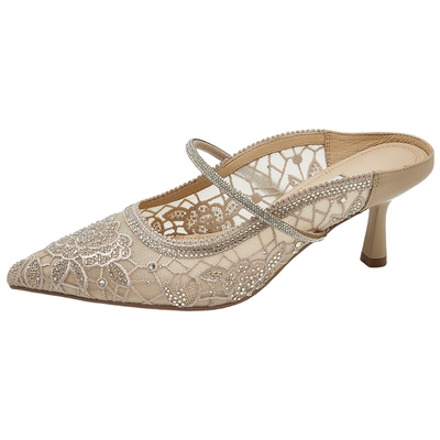 康莉蕾丝网面高跟穆勒鞋女包头拖