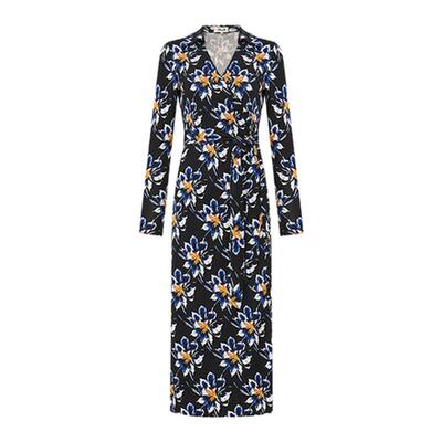 DVF水墨百合图案真丝裹身裙