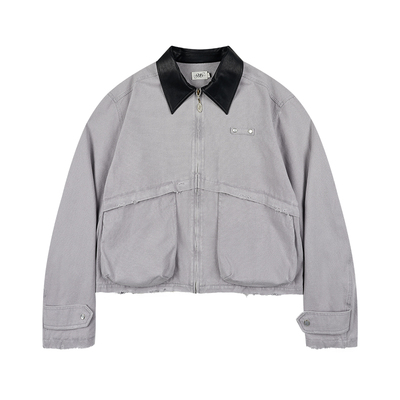 GOODBAI 916 撞色翻领磨毛拼接毛边拉链外套