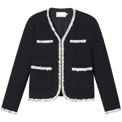 SALT.P可颜黑色小香风外套女短款V领亮片织带花纱夹克AC35510150