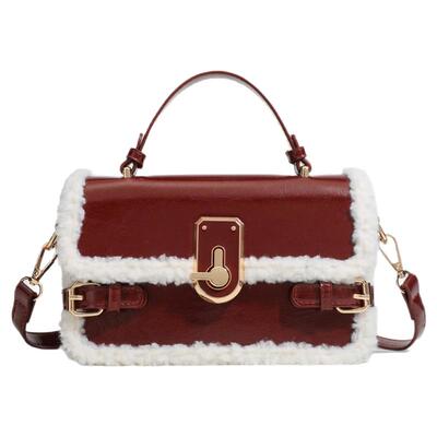 UR包包女秋冬小众毛毛包圣诞节红色新年包羊羔毛拼接小方包单肩包