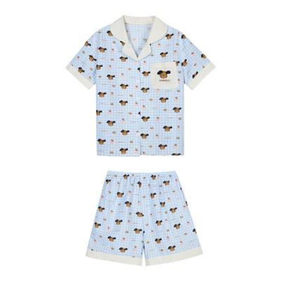 撞色边格子卡通睡衣女