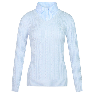 LKOD条纹V领假两件毛衣女