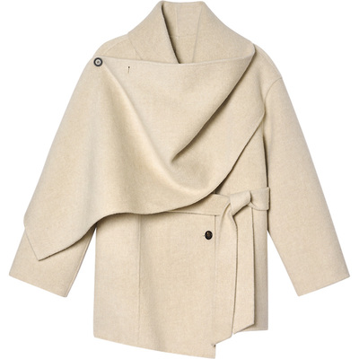 LK BENNETT米色羊毛大衣2025年冬新款时尚中长款围巾领毛呢外套