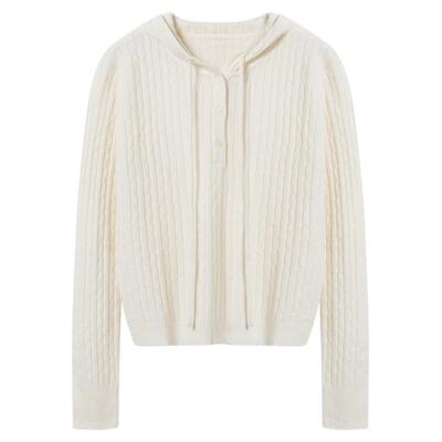 西町村屋休闲针织衫女装2025冬季新款简约绞花连帽小衫XHAD10110