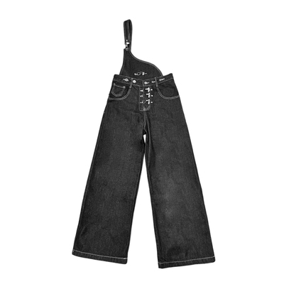 美式复古暗黑色牛仔背带裤不规则辣妹y2k直筒阔腿亚比宽松连体裤