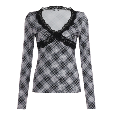 复古灰色格纹蕾丝V领长袖打底衫